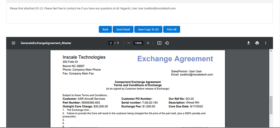Sales Order Core Exchanges