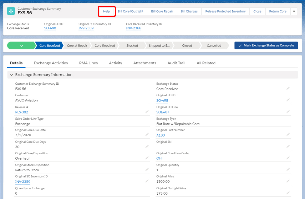 Sales Order Core Exchanges