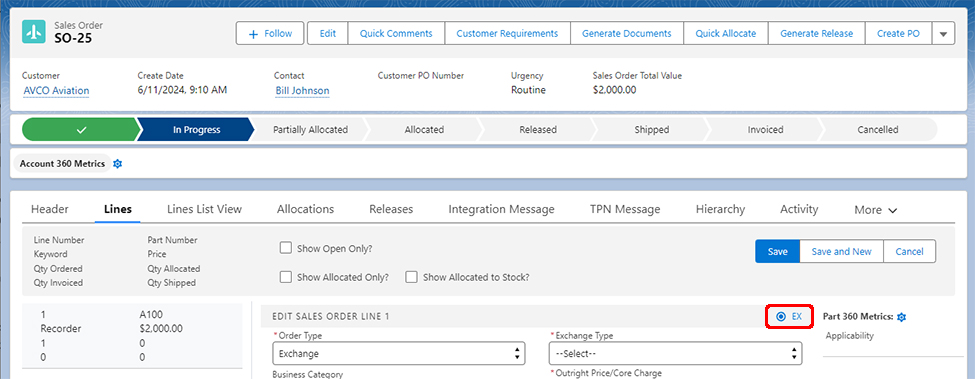Sales Order Core Exchanges